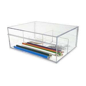 Isaac Jacobs 3-Compartment Clear Acrylic Organizer with Lid (6.7" L x 8.6" W x 3.4" H), Multi-Sectional Tray, Storage Solution for Makeup, School & Office Supplies (1 Large, 2 Medium)