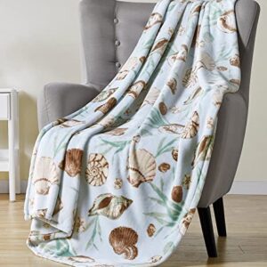 VCNY Home Decorative Ocean Beach Shell Throw Blanket: Calming Muted Blues and Browns, Design Accent for Chair Sofa Couch or Bed, Plush Micro Fleece Velvet Throw (Bermuda)