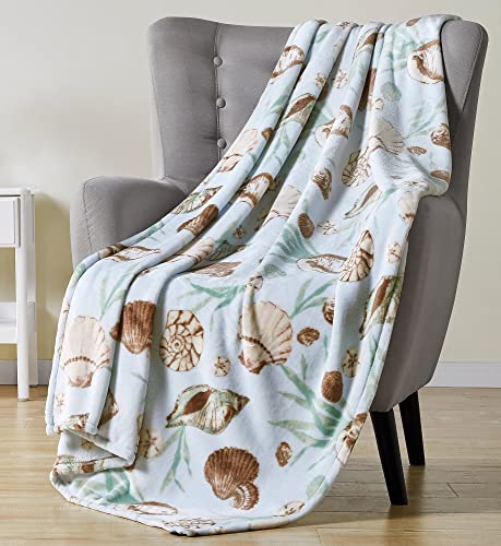 VCNY Home Decorative Ocean Beach Shell Throw Blanket: Calming Muted Blues and Browns, Design Accent for Chair Sofa Couch or Bed, Plush Micro Fleece Velvet Throw (Bermuda)