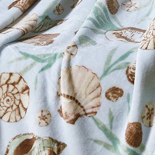 VCNY Home Decorative Ocean Beach Shell Throw Blanket: Calming Muted Blues and Browns, Design Accent for Chair Sofa Couch or Bed, Plush Micro Fleece Velvet Throw (Bermuda)