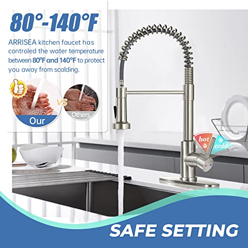 ARRISEA Kitchen Faucets Brushed Nickel, 3 Hole Stainless Steel Kitchen Faucet, Laundry Sink Faucet with Sprayer, Single Handle Outdoor Sink Faucets with Deck Plate, Llave de fregadero de cocina