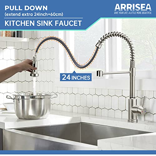 ARRISEA Kitchen Faucets Brushed Nickel, 3 Hole Stainless Steel Kitchen Faucet, Laundry Sink Faucet with Sprayer, Single Handle Outdoor Sink Faucets with Deck Plate, Llave de fregadero de cocina