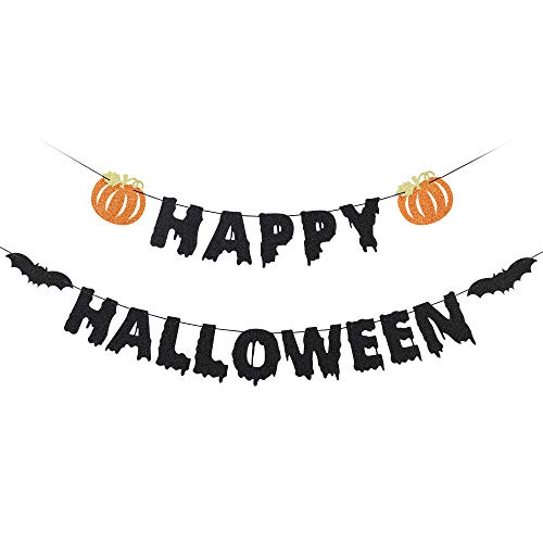 Happy Halloween with Pumpkin Banner - Halloween Party Banner for Haunted Houses Doorways Indoor Outdoor Home Mantle Decorations Supplies (Black Glittery )