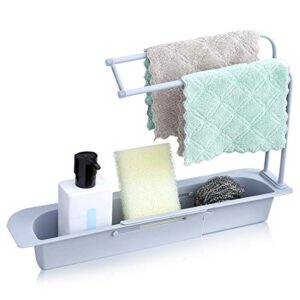 gohfeoeo telescopic sink storage rack adjustable sink organizer sink storage sponge soap holder with dishcloth hanger expandable storage drain basket for home kitchen(gray)