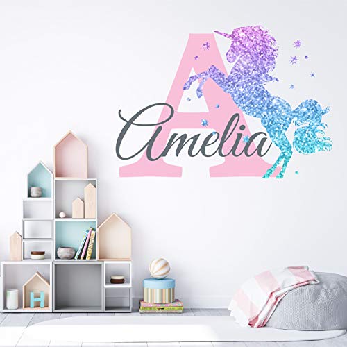 Girls Nursery Glitter Shimmer Sparkle Printed Unicorn Name and Initial Personalized Custom Name Vinyl Wall Decal, Wall Decor Sticker (Medium)