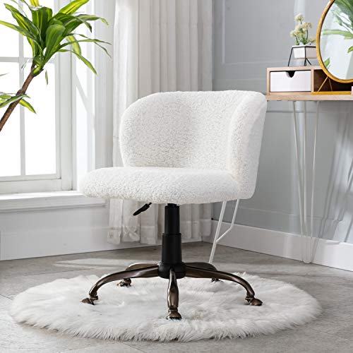 Wahson Shaggy Lamb Faux Fur Home Office Task Chair with Wheels, Comfy Swivel Desk Chair Armless, Vanity, Living Room, Bedroom, Whtie