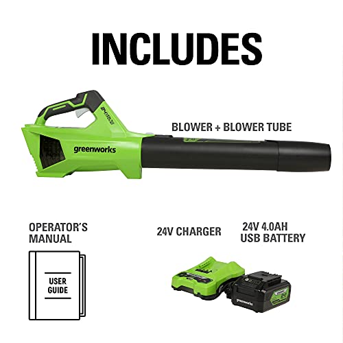 Greenworks 24V Brushless Axial Blower (110 MPH / 450 CFM), 4Ah USB Battery and Charger Included