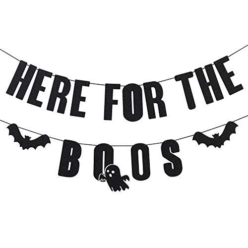 Here For The Boos Banner Halloween Party Banner for Haunted Houses Doorways Home Mantel Decorations Here For The Boos Halloween Decor (Black Glitter)