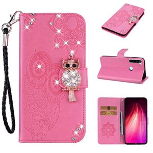 COTDINFORCA Compatible with Xiaomi Redmi Note 8 Case Glitter Wallet Case Leather with Card Slots Flip Case for Women Crystal Owl Embossing Shockproof Case for Xiaomi Redmi Note 8 Pink YK