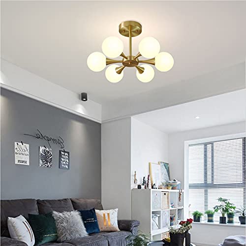 KCO Lighting Industrial Ceiling Light Semi Flush Mount Chandelier Antique Brass Light Fixture Mid Century Molecule Magic Bean Ceiling Lamp for Bedroom Living Room Farmhouse (6 Heads)