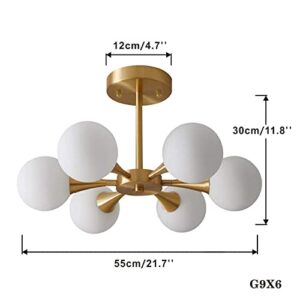 KCO Lighting Industrial Ceiling Light Semi Flush Mount Chandelier Antique Brass Light Fixture Mid Century Molecule Magic Bean Ceiling Lamp for Bedroom Living Room Farmhouse (6 Heads)