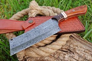 damascus meat cleaver knife, damascus steel chef knife & butcher knife - multipurpose sharp knife, vegetable cleaver & meat cleavers, kitchen knife for meat with rose wood handle & knife sheath