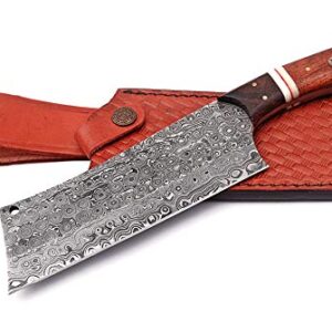 Damascus Meat Cleaver Knife, Damascus Steel Chef Knife & Butcher Knife - Multipurpose Sharp Knife, Vegetable Cleaver & Meat Cleavers, Kitchen Knife for Meat with Rose Wood Handle & Knife Sheath