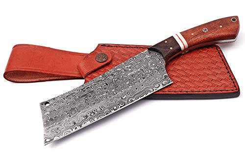 Damascus Meat Cleaver Knife, Damascus Steel Chef Knife & Butcher Knife - Multipurpose Sharp Knife, Vegetable Cleaver & Meat Cleavers, Kitchen Knife for Meat with Rose Wood Handle & Knife Sheath