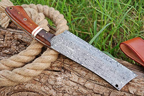 Damascus Meat Cleaver Knife, Damascus Steel Chef Knife & Butcher Knife - Multipurpose Sharp Knife, Vegetable Cleaver & Meat Cleavers, Kitchen Knife for Meat with Rose Wood Handle & Knife Sheath