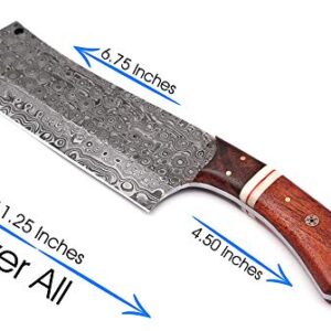 Damascus Meat Cleaver Knife, Damascus Steel Chef Knife & Butcher Knife - Multipurpose Sharp Knife, Vegetable Cleaver & Meat Cleavers, Kitchen Knife for Meat with Rose Wood Handle & Knife Sheath