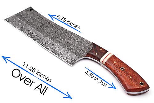 Damascus Meat Cleaver Knife, Damascus Steel Chef Knife & Butcher Knife - Multipurpose Sharp Knife, Vegetable Cleaver & Meat Cleavers, Kitchen Knife for Meat with Rose Wood Handle & Knife Sheath