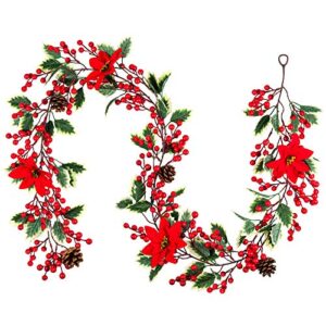 mocoosy 6.3ft red berry christmas garland with pine cones and poinsettia, artificial berries garland poinsettia christmas decorations for indoor outdoor fireplace winter holiday xmas home decor