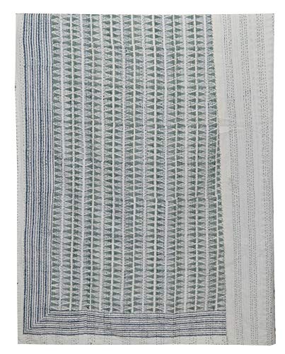 MAVISS HOMES Hand Block Print Kantha Quilt | Queen Size Cotton Quilt | Throw Blanket Bedspread |Vintage Kantha Blanket |Leightweight Cozy Soft Blanket; White and Blue