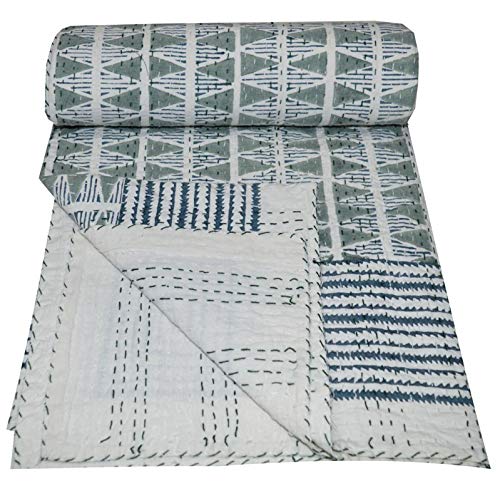 MAVISS HOMES Hand Block Print Kantha Quilt | Queen Size Cotton Quilt | Throw Blanket Bedspread |Vintage Kantha Blanket |Leightweight Cozy Soft Blanket; White and Blue