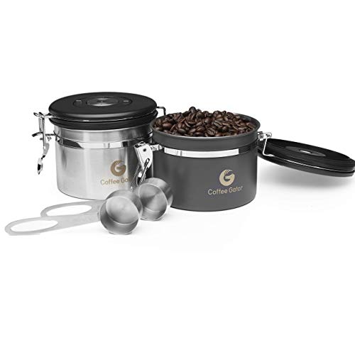 Coffee Gator Coffee Canister Duo Stainless Steel Coffee Container - Fresher Beans and Grounds for Longer - Date-Tracker, CO2-Release Valve and Measuring Scoop - Small, Gray & Silver