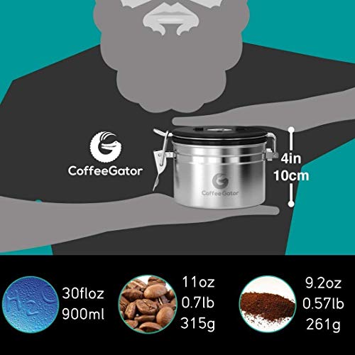 Coffee Gator Coffee Canister Duo Stainless Steel Coffee Container - Fresher Beans and Grounds for Longer - Date-Tracker, CO2-Release Valve and Measuring Scoop - Small, Gray & Silver