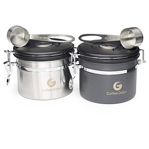 Coffee Gator Coffee Canister Duo Stainless Steel Coffee Container - Fresher Beans and Grounds for Longer - Date-Tracker, CO2-Release Valve and Measuring Scoop - Small, Gray & Silver