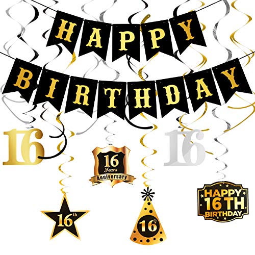 16th Birthday Decorations for Boys- Happy Birthday Banner Black and 16th Birthday Hanging Swirls, 16 Birthday Decorations Boy, 16 Birthday Decorations