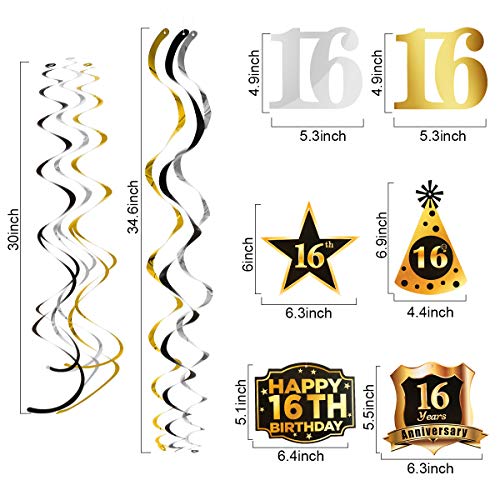 16th Birthday Decorations for Boys- Happy Birthday Banner Black and 16th Birthday Hanging Swirls, 16 Birthday Decorations Boy, 16 Birthday Decorations