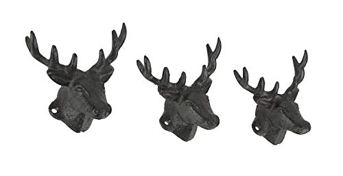 Zeckos Set of 3 Rustic Brown Cast Iron Deer Head Decorative Wall Hooks Lodge Décor 4.25 Inches Long