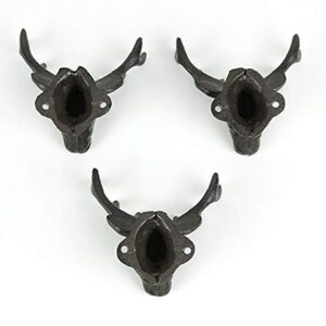 Zeckos Set of 3 Rustic Brown Cast Iron Deer Head Decorative Wall Hooks Lodge Décor 4.25 Inches Long