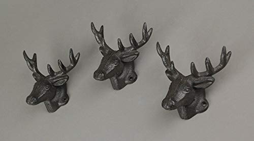 Zeckos Set of 3 Rustic Brown Cast Iron Deer Head Decorative Wall Hooks Lodge Décor 4.25 Inches Long