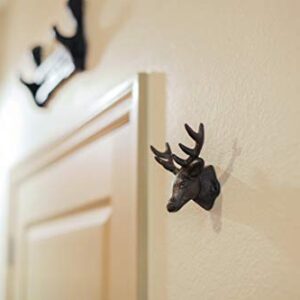 Zeckos Set of 3 Rustic Brown Cast Iron Deer Head Decorative Wall Hooks Lodge Décor 4.25 Inches Long