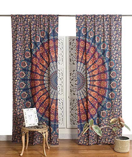 SHIRANYA 100% Cotton Multicolor Indian Mandala Curtains Tapestry Bohemian Window Curtain Panels Pair (Size-83x38 Inch) Set of 2