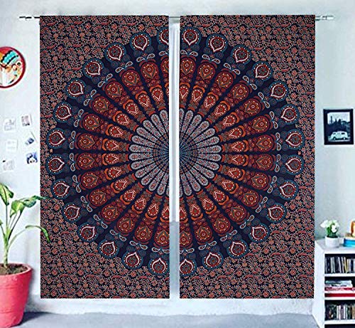 SHIRANYA 100% Cotton Multicolor Indian Mandala Curtains Tapestry Bohemian Window Curtain Panels Pair (Size-83x38 Inch) Set of 2