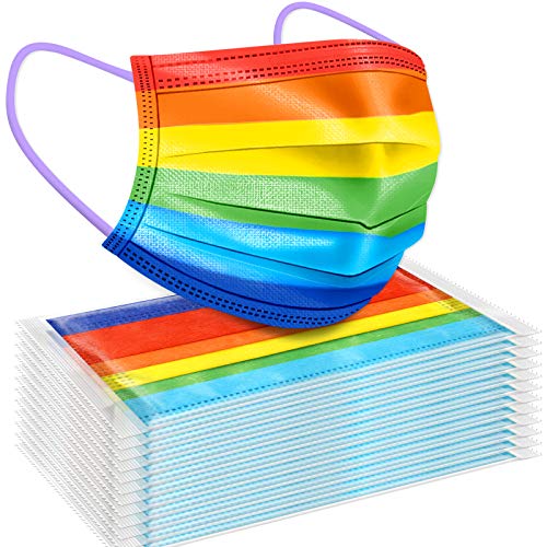 50PCS Disposable Face Mask Rainbow Colors 3-Layer Individually Wrapped Soft Elastic Earloop Nonwoven Fabrics (Random Rainbow Patterns & Colors)