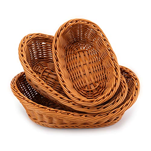 Yarlung 3 Pack Poly-Wicker Woven Breads Baskets, Stackable Oval Fruit Baskets Food Serving Holders for Vegetables, Home, Kitchen, Restaurant, Outdoor, Imitation Rattan Brown, 3 Sizes