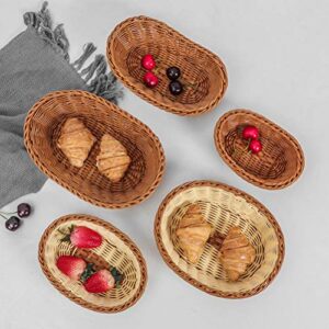 Yarlung 3 Pack Poly-Wicker Woven Breads Baskets, Stackable Oval Fruit Baskets Food Serving Holders for Vegetables, Home, Kitchen, Restaurant, Outdoor, Imitation Rattan Brown, 3 Sizes