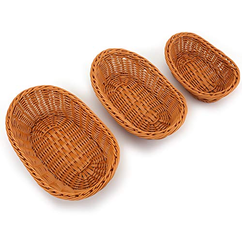 Yarlung 3 Pack Poly-Wicker Woven Breads Baskets, Stackable Oval Fruit Baskets Food Serving Holders for Vegetables, Home, Kitchen, Restaurant, Outdoor, Imitation Rattan Brown, 3 Sizes