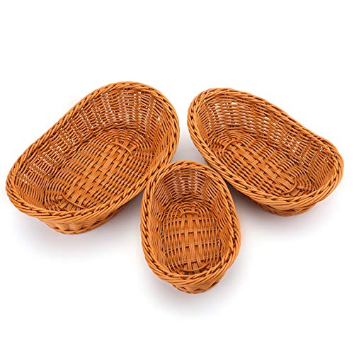 Yarlung 3 Pack Poly-Wicker Woven Breads Baskets, Stackable Oval Fruit Baskets Food Serving Holders for Vegetables, Home, Kitchen, Restaurant, Outdoor, Imitation Rattan Brown, 3 Sizes