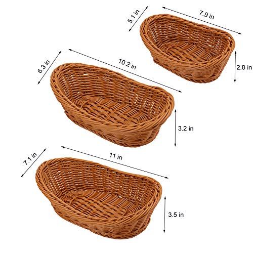 Yarlung 3 Pack Poly-Wicker Woven Breads Baskets, Stackable Oval Fruit Baskets Food Serving Holders for Vegetables, Home, Kitchen, Restaurant, Outdoor, Imitation Rattan Brown, 3 Sizes