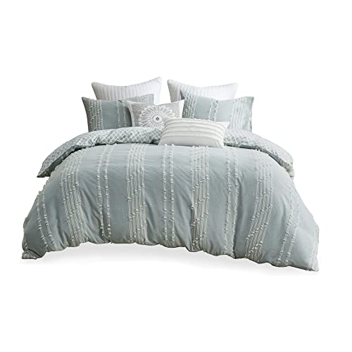 INK+IVY 100% Cotton Comforter Set Trendy Stripe Textured Design, Modern Down Alternative, All Season Cozy Bedding with Matching Shams, Full/Queen, Aqua Reversable Stripes