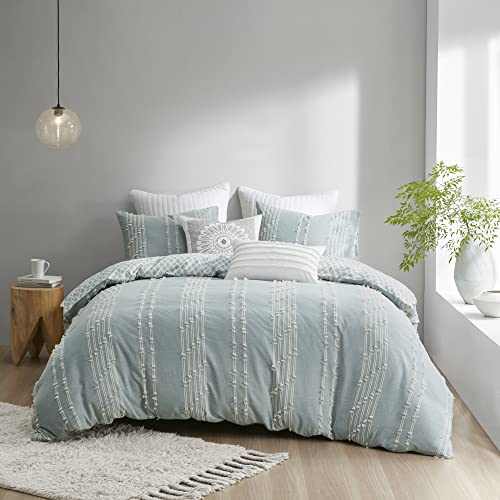 INK+IVY 100% Cotton Comforter Set Trendy Stripe Textured Design, Modern Down Alternative, All Season Cozy Bedding with Matching Shams, Full/Queen, Aqua Reversable Stripes