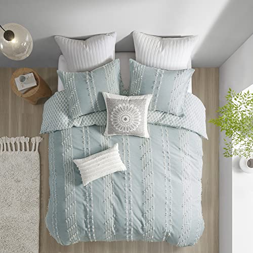 INK+IVY 100% Cotton Comforter Set Trendy Stripe Textured Design, Modern Down Alternative, All Season Cozy Bedding with Matching Shams, Full/Queen, Aqua Reversable Stripes