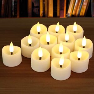 pchero 12pcs battery tea lights, 3d realistic black wick with 6h timer, led flameless tealights unscented votive candles for wedding table centerpieces, mood lighting and home decor