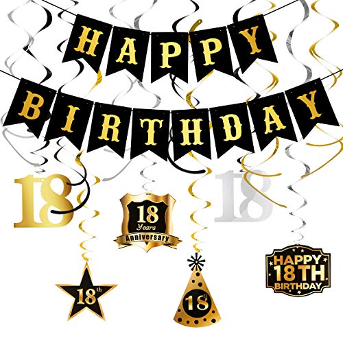 18th Birthday Decorations Kit- Happy Birthday Banner Black and 18th Birthday Hanging Swirls,18th Birthday Decorations for Boys