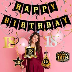 18th Birthday Decorations Kit- Happy Birthday Banner Black and 18th Birthday Hanging Swirls,18th Birthday Decorations for Boys