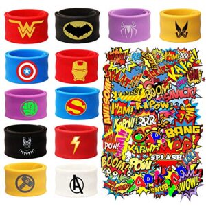 atp adt 12pcs superhero slap bracelet for kids boys & girls - superhero birthday party supplies favors - super hero avengers toys - comic super hero party stickers (50 pack) carnival prizes