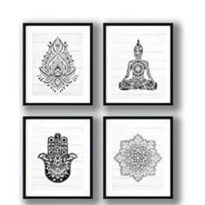 FerrisBuilt Black and White Buddha, Hamsa Hands, Mandala and Lotus Flower, Eclectic Wall Art, Boho Decor, Indie Decor - Set of (4) 8x10 UNFRAMED Prints