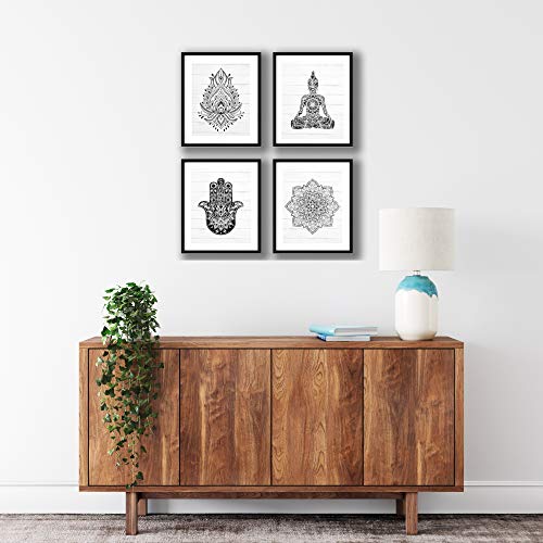 FerrisBuilt Black and White Buddha, Hamsa Hands, Mandala and Lotus Flower, Eclectic Wall Art, Boho Decor, Indie Decor - Set of (4) 8x10 UNFRAMED Prints